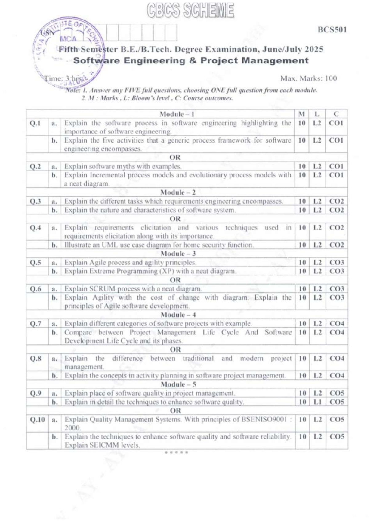 Model Question Paper for BCG501: Software Engineering Project ...