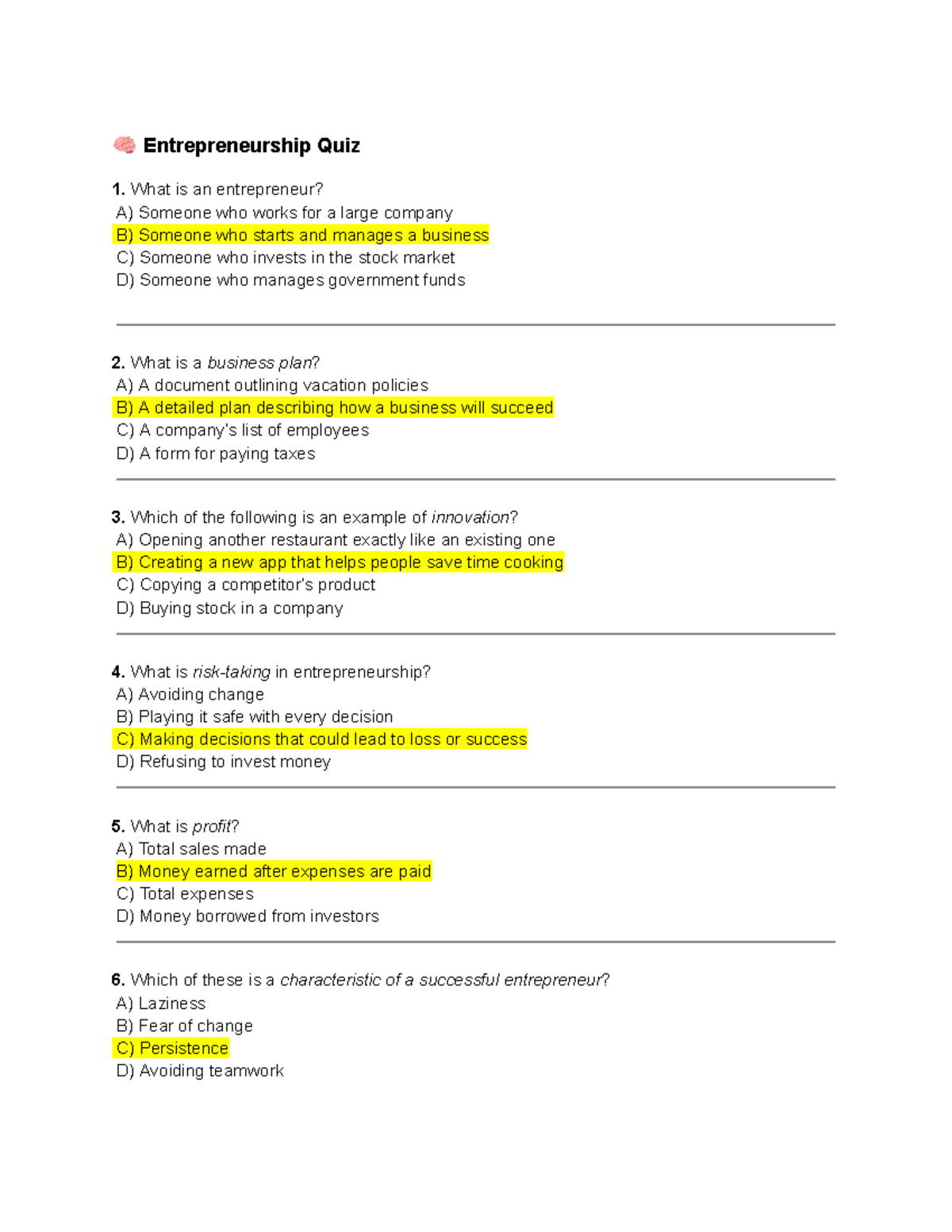 Entrepreneurship Quiz 1 - Aiden's Assignment Notes - Studocu