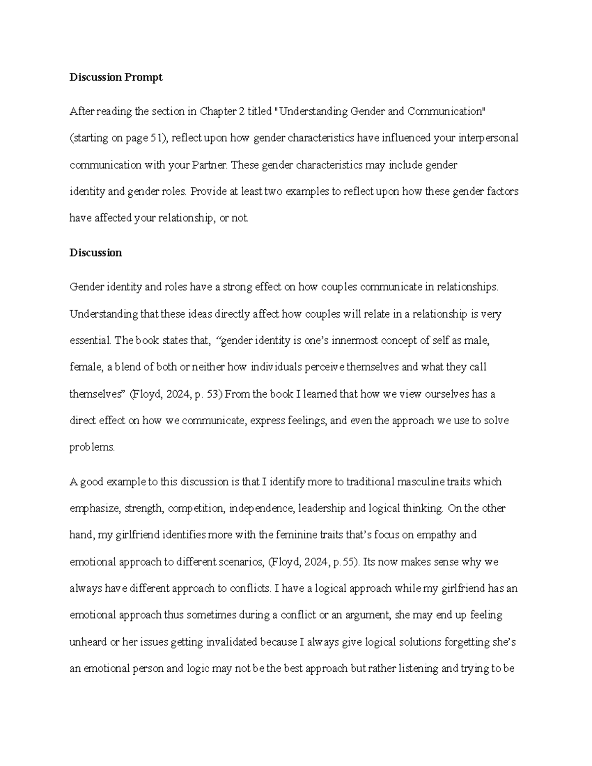 Discussion Post: Gender Roles & Communication in Relationships (Ch. 2 ...