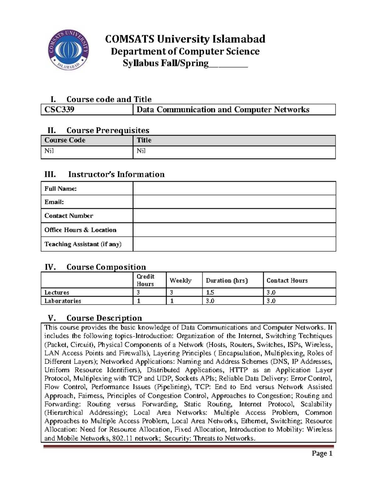 Syllabus CSC339 DCCN - Course introduction material - I. Course code and Title CSC 339 Data ...