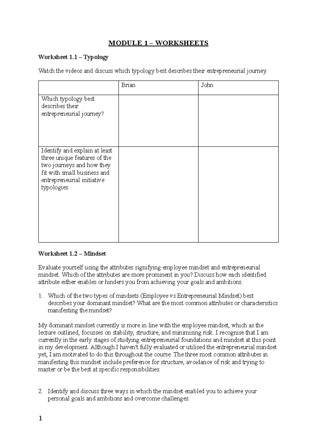 MODULE 1 - WORKSHEETS: Entrepreneurial Mindset & Typologies Analysis ...