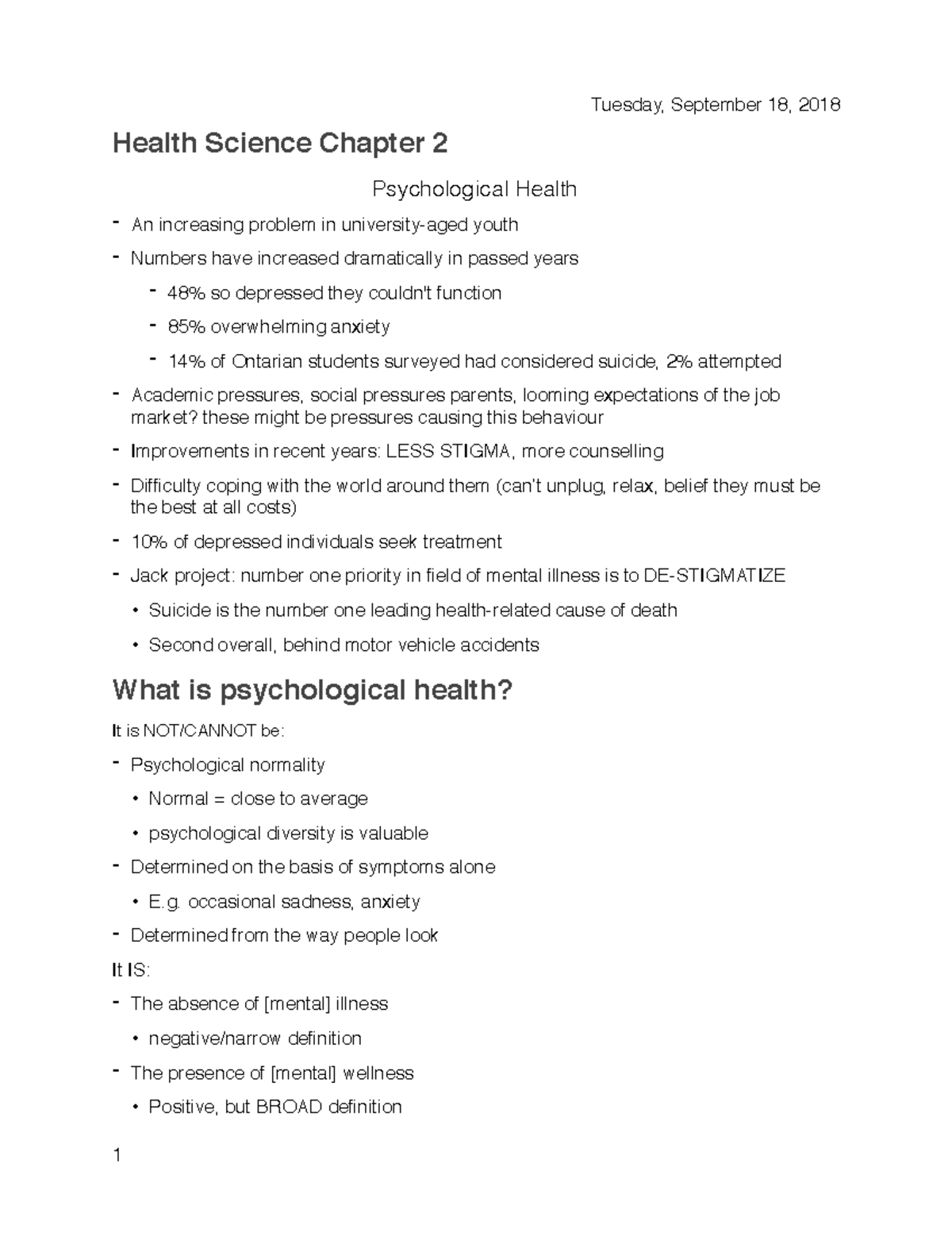 Health sci ch 2 notes - Health Science Chapter 2 Psychological Health ...