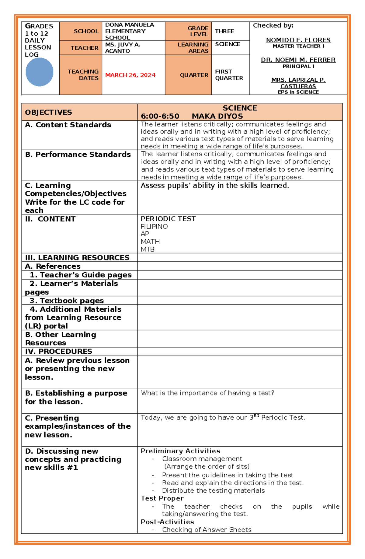 Summative TEST DLL - GRADES 1 to 12 DAILY LESSON LOG SCHOOL DONA ...