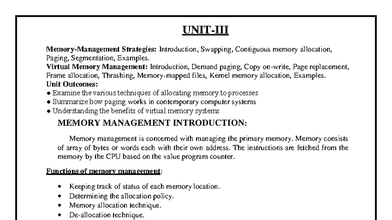 OS-UNIT-III - Memory Management Techniques: Paging, Segmentation, and ...