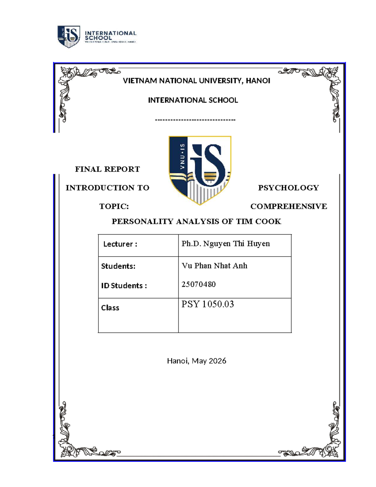 PSY 1050.03 Final Report: Comprehensive Personality Analysis of Tim ...