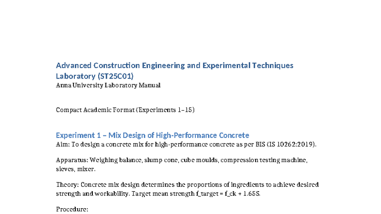 ST25C01 Advanced Construction Engineering Lab Manual: All Experiments - Studocu