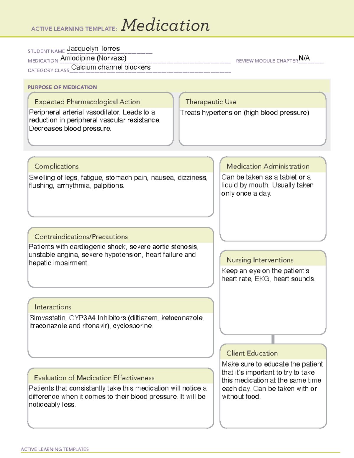 Amlodipine (Norvasc) Med Card - Active Learning Template - Studocu
