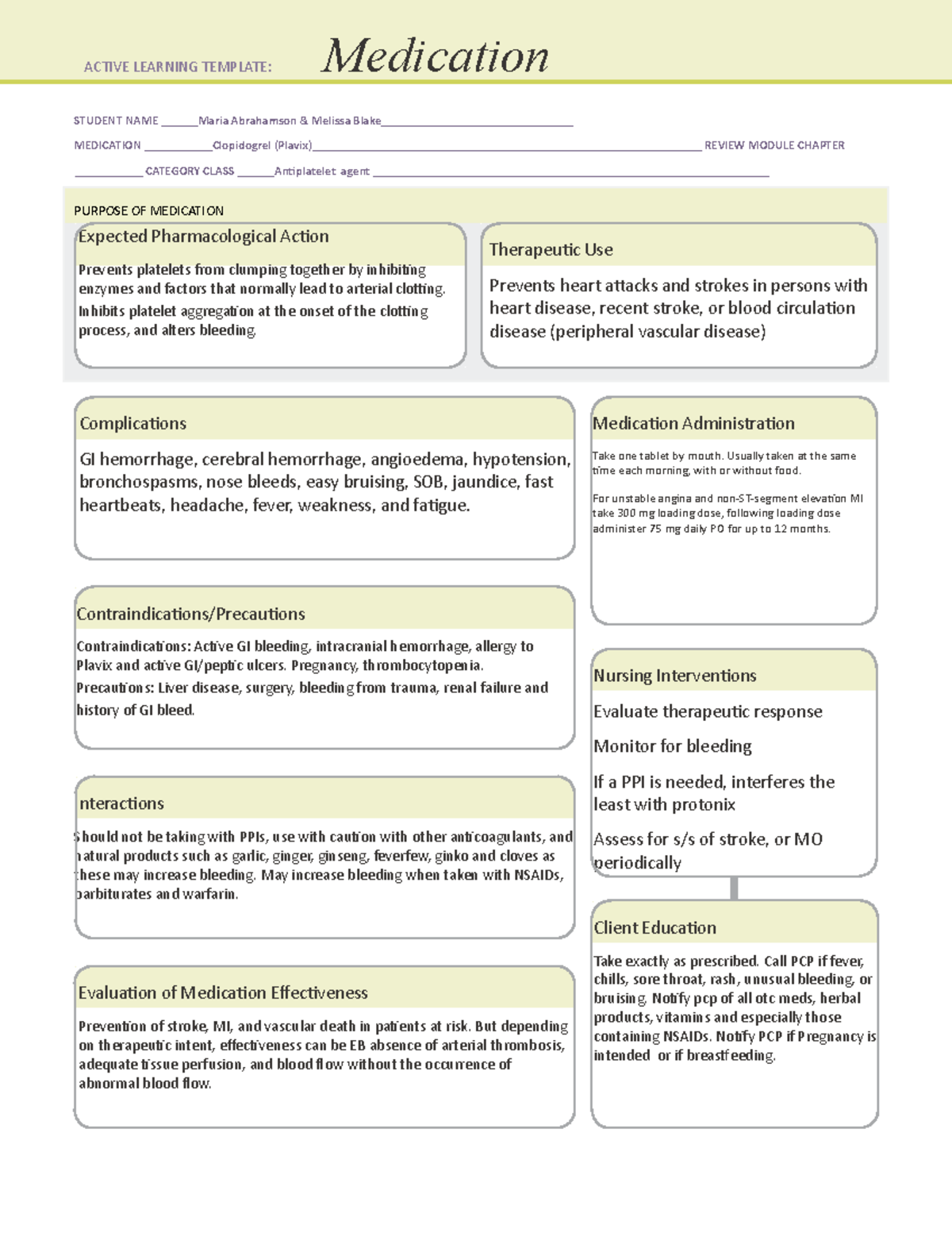 ATI Clopidogrel (Plavix) Medication Active Learning Template - Studocu