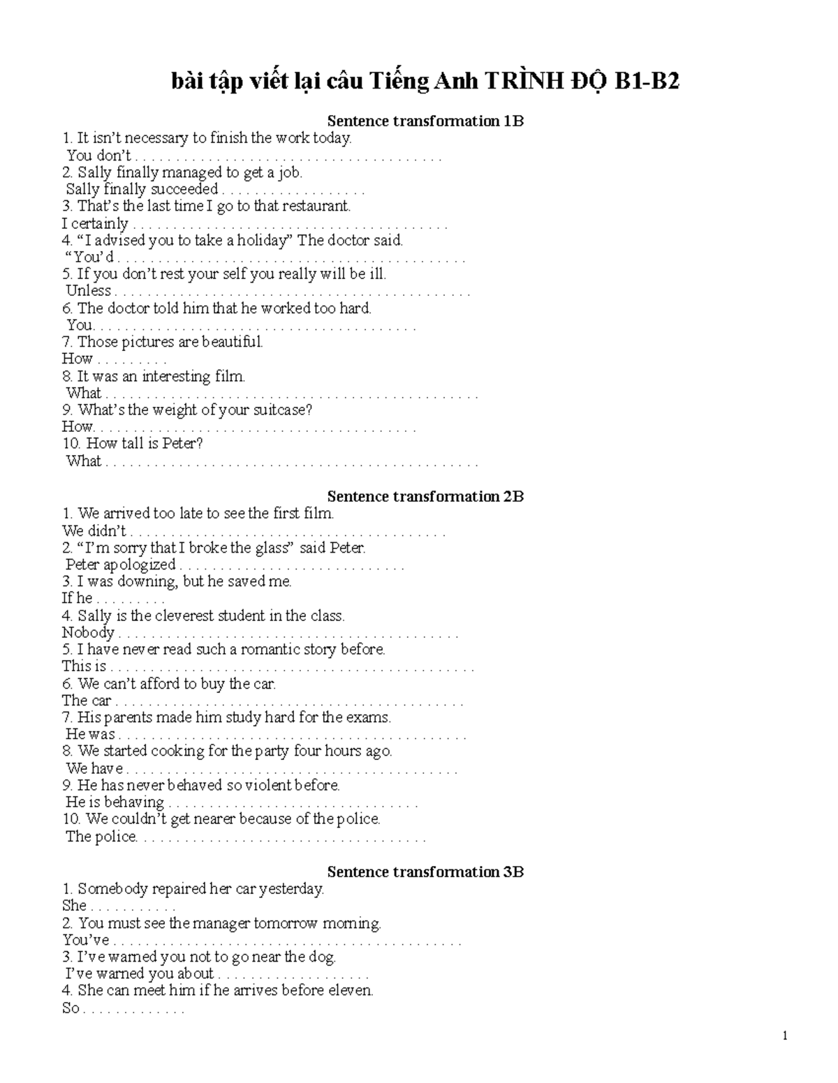 B1-B2 Sentence Transformation Exercises with Answers - Studocu