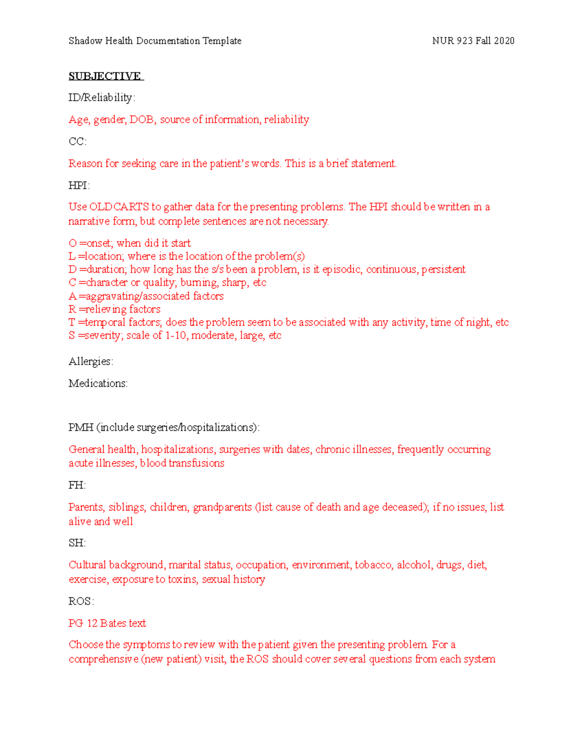 NUR 923 Shadow Health Documentation Template with Hints - Shadow Health ...