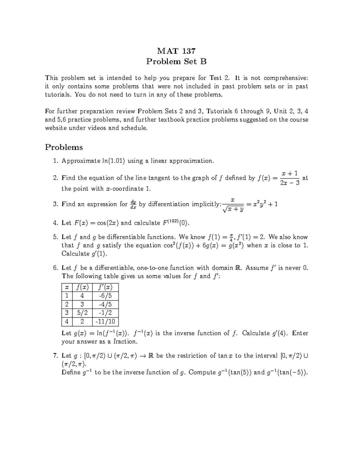 MAT 137 Problem Set B Solutions for Test 2 Preparation - Studocu