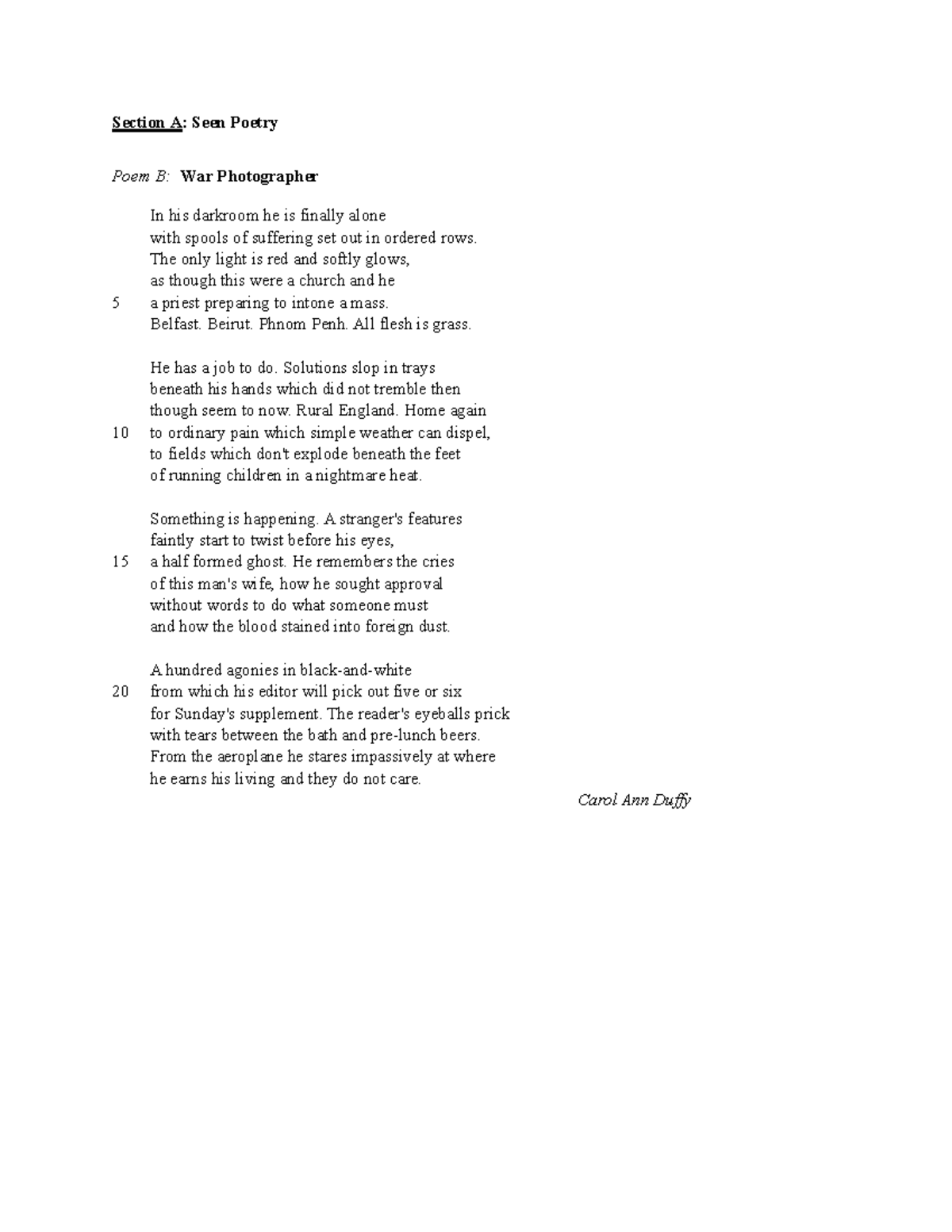 War Photographer Analysis: Section A Poetry Insights - Studocu