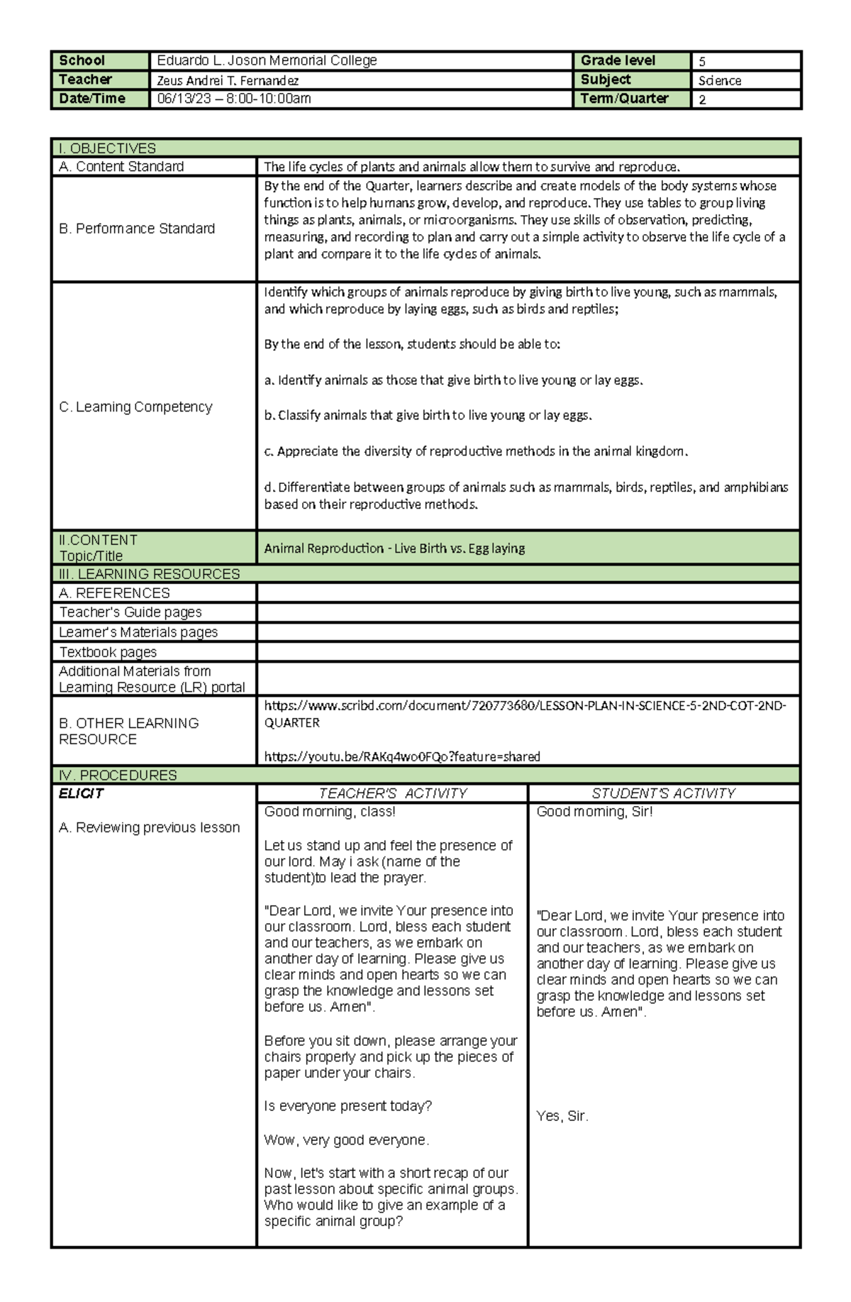 Science 5 - Lesson Plan on Animal Reproduction: Live Birth vs. Egg ...