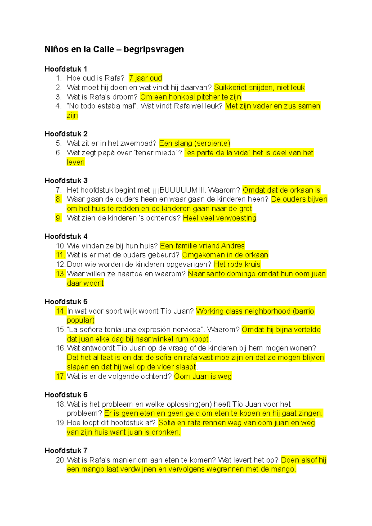 Ninos en la Calle: Begripsvragen Hoofdstukken 1-13 - Studeersnel