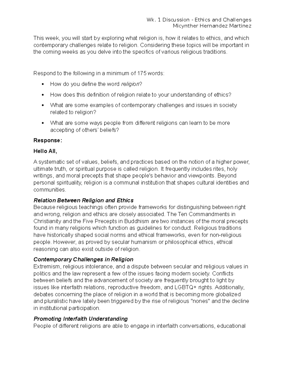 Wk. 1 Discussion: Religion, Ethics, and Contemporary Challenges - Studocu