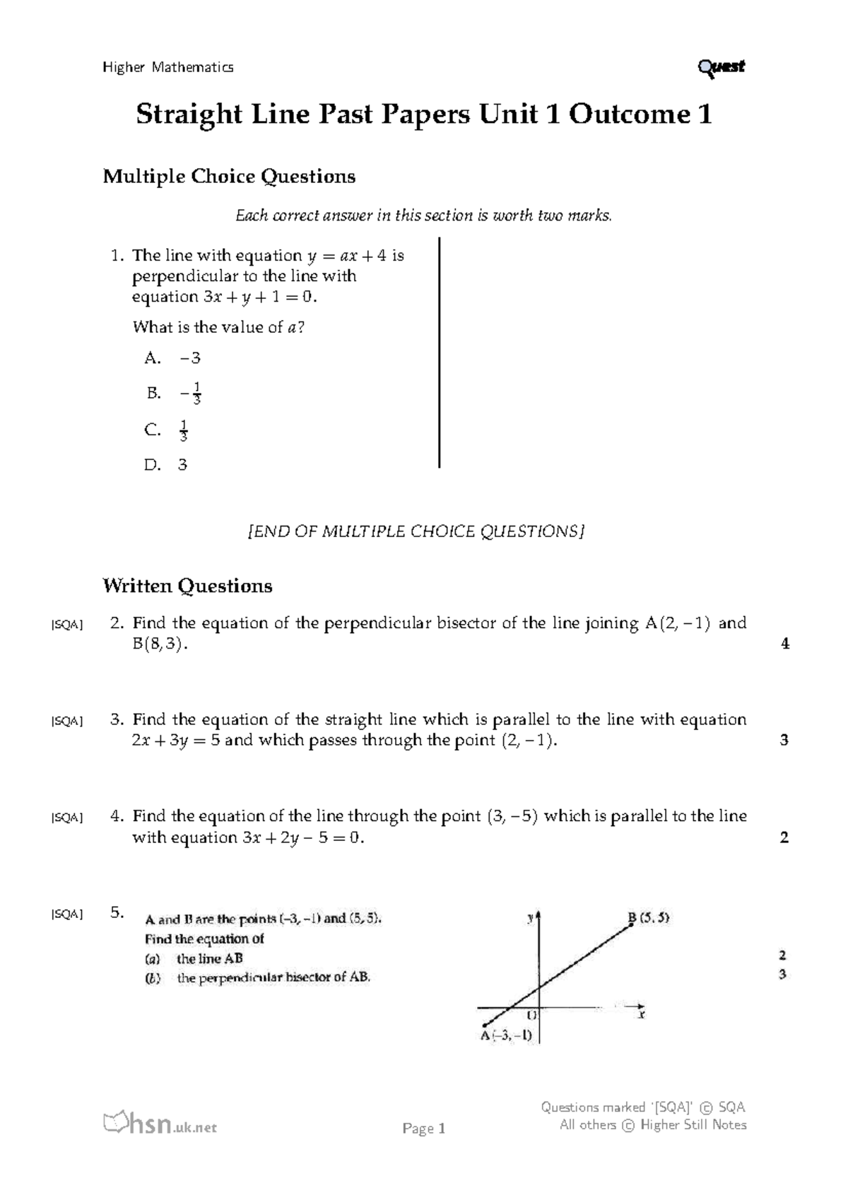 Straight Line Past Papers [SQA] Unit 1: MCQ & Written Questions - Studocu