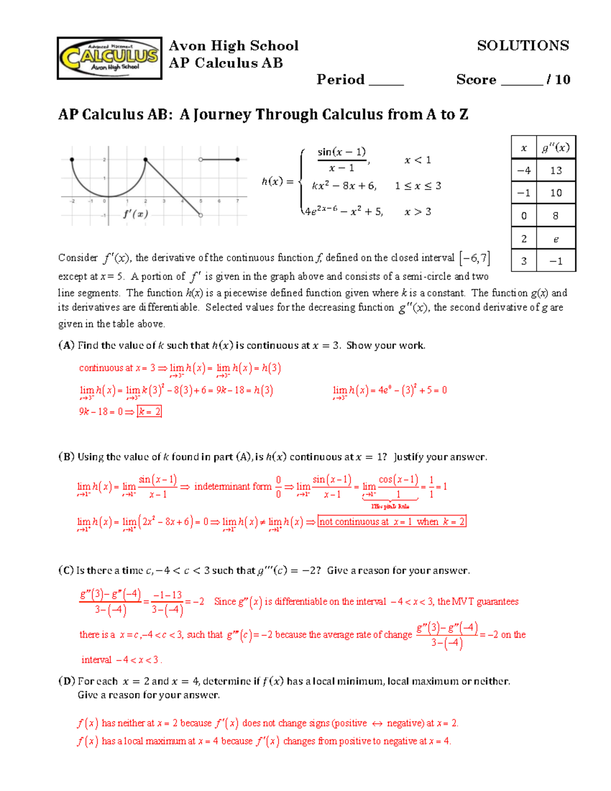 AP Calculus AB (Period 10) Solutions: A Journey Through Calculus - Studocu