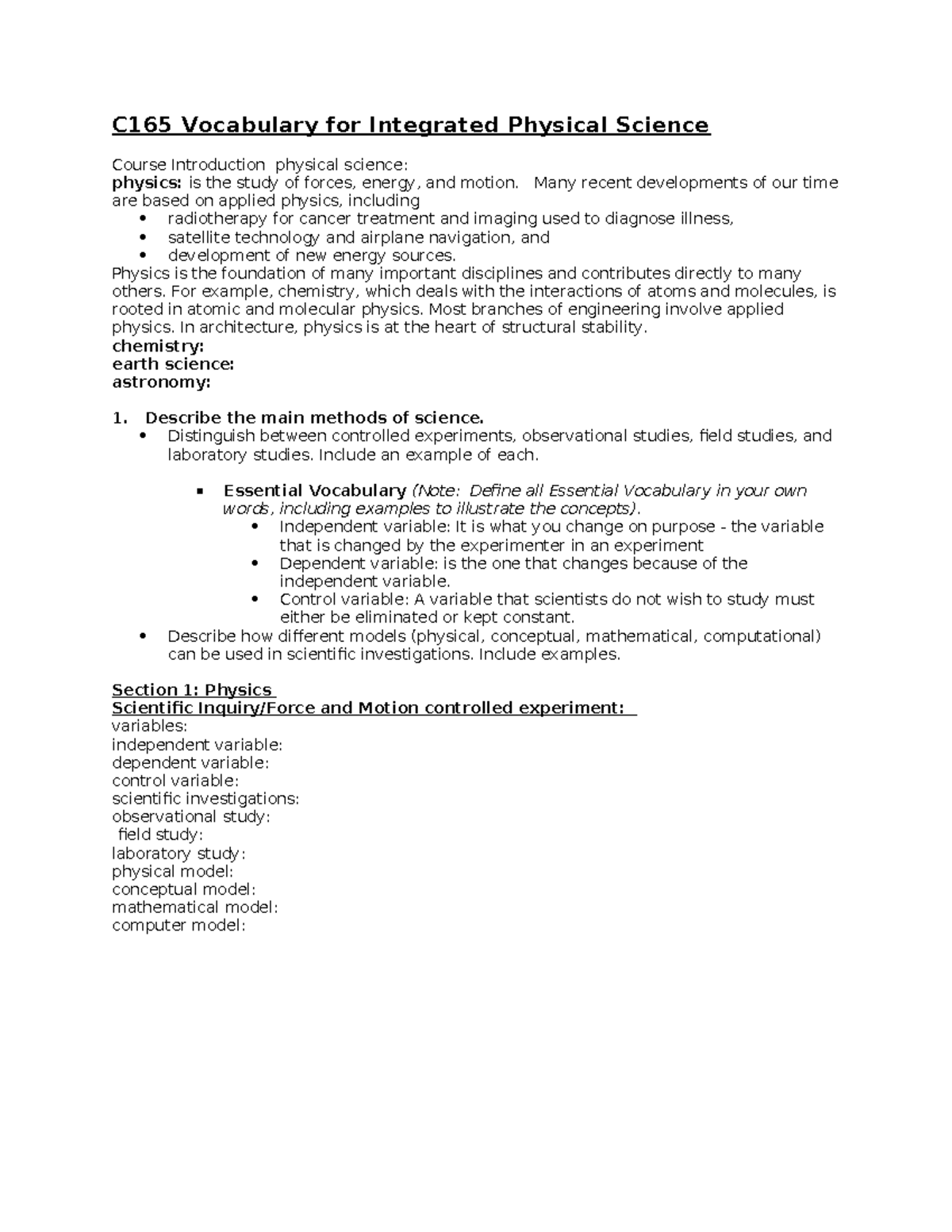 C165 Vocabulary for Integrated Physical Science Glossary - Studocu
