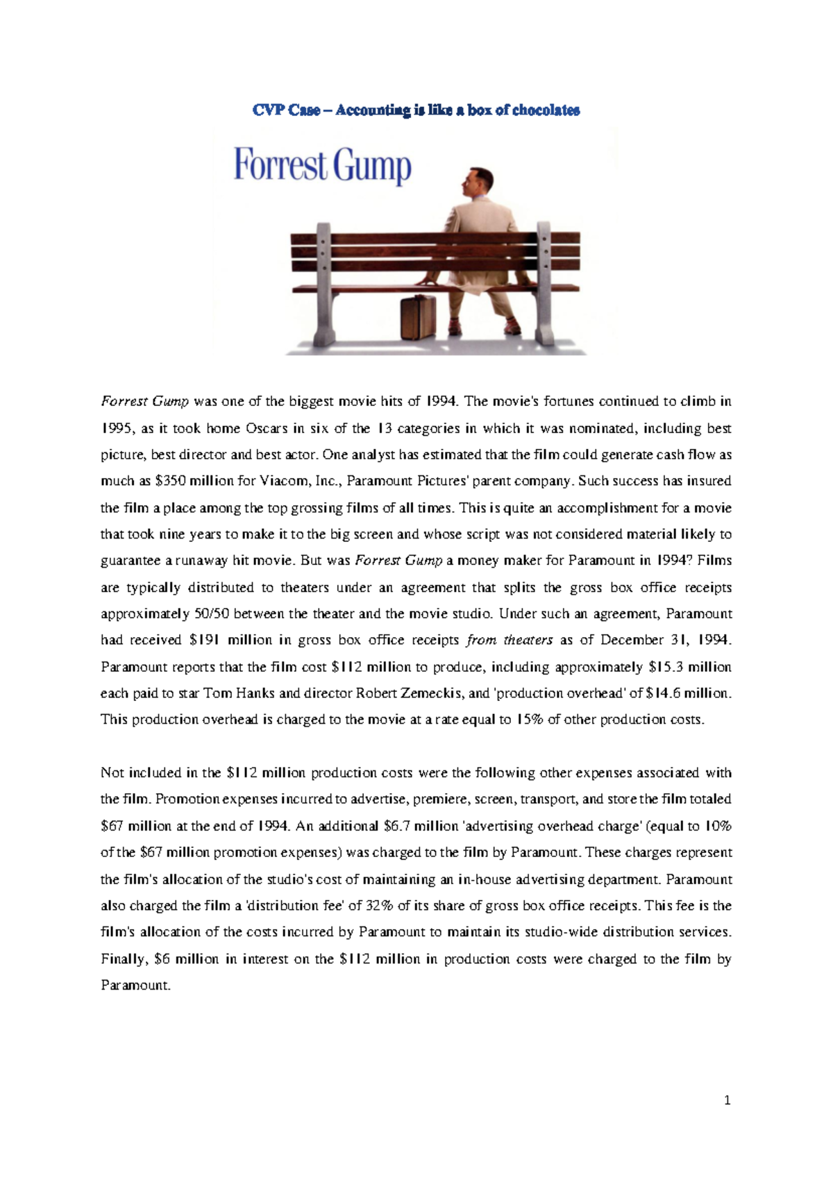 CVP Analysis of Forrest Gump (Case Study) - Financial Insights and ...