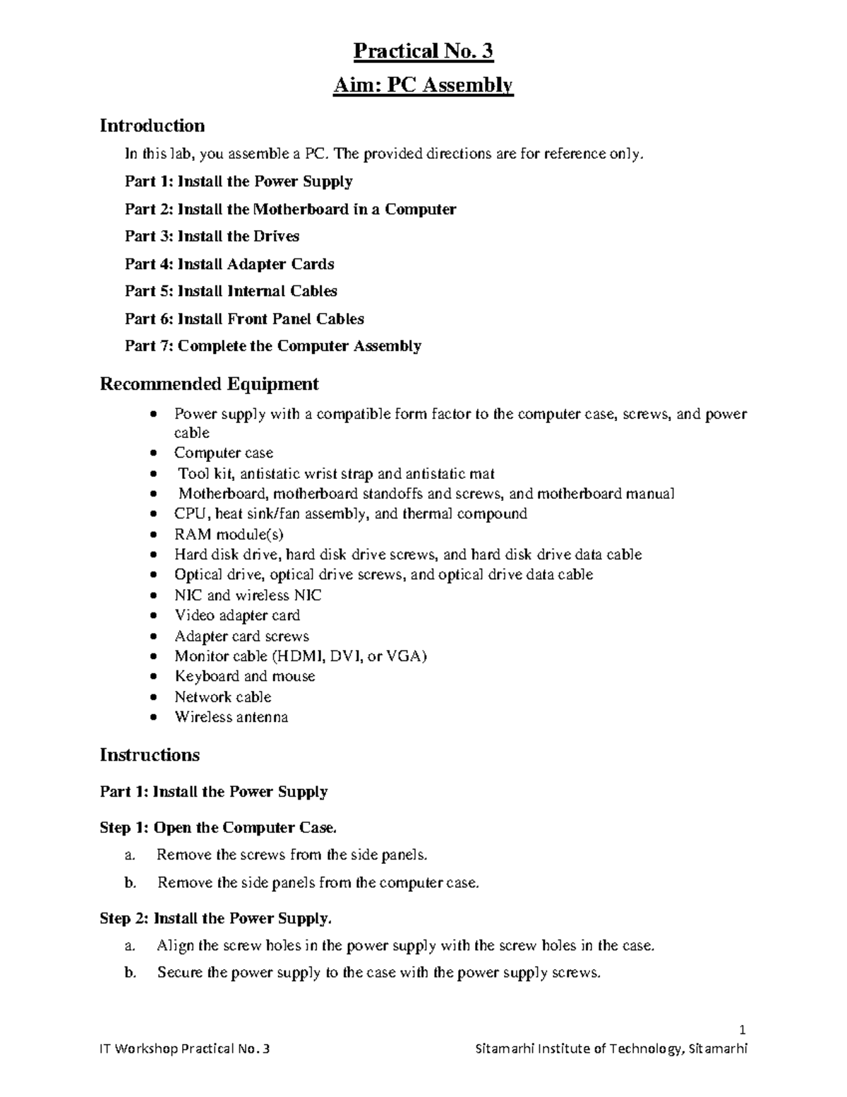 PC Assembly Practical No. 3 - Step-by-Step Guide (10110) - Studocu