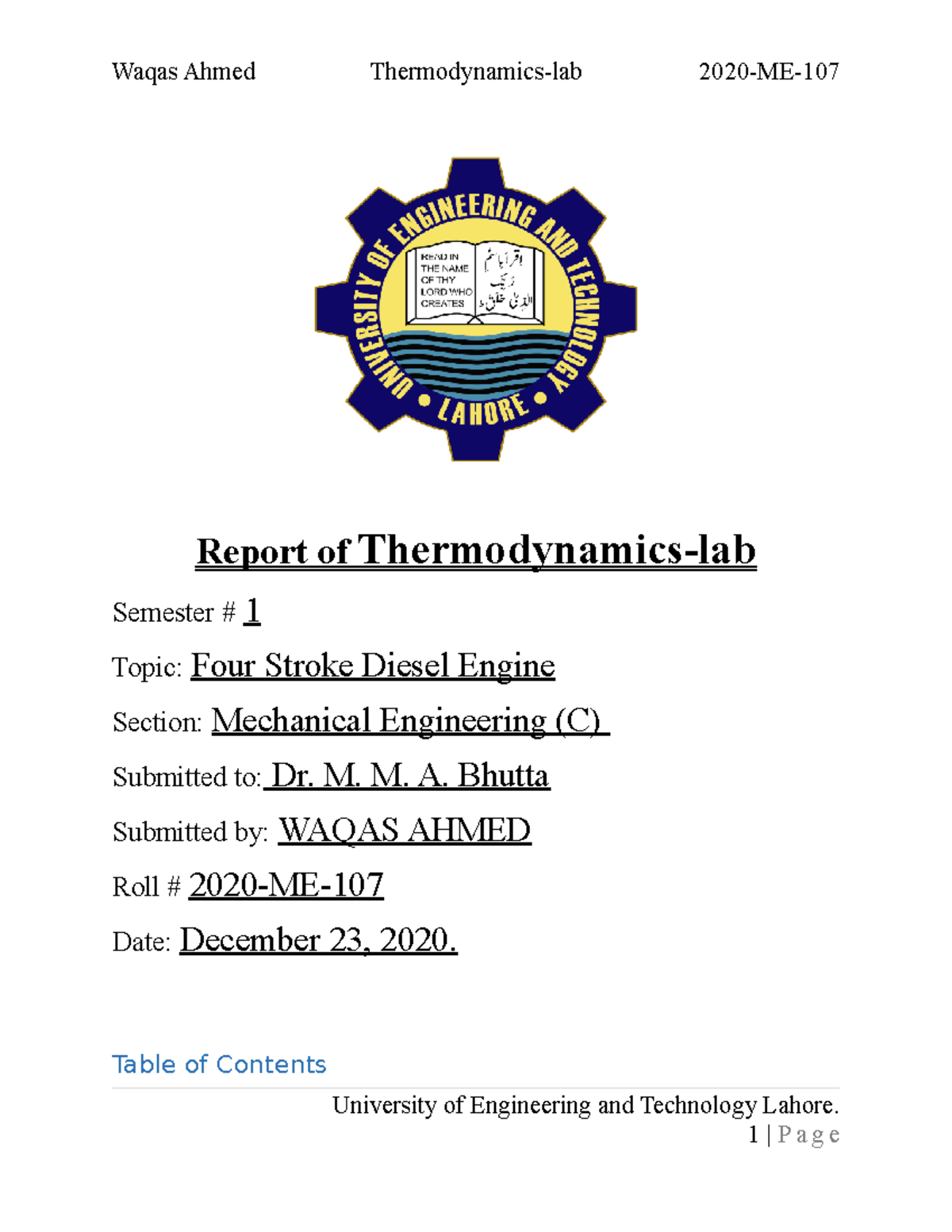 ME-101: Final Report on Four Stroke Diesel Engine in Thermodynamics Lab ...