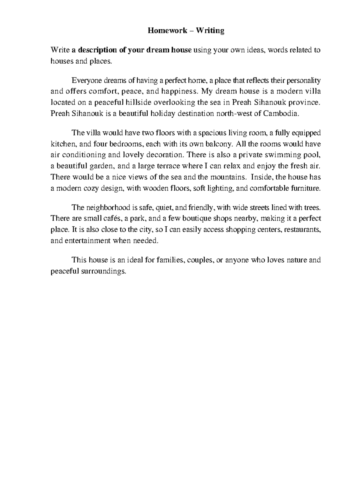 Homework Writing: My Dream House Description - English Class - Studocu