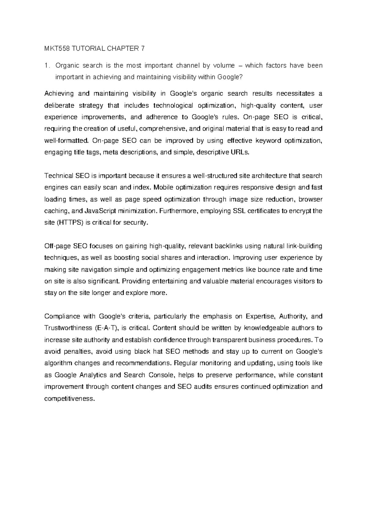 MKT558 Tutorial: Insights on Organic Search Visibility Strategies - Studocu