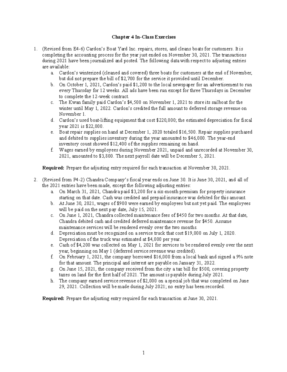 Chapter 4 In-Class Exercises: Adjusting Entries for Accounting - Studocu