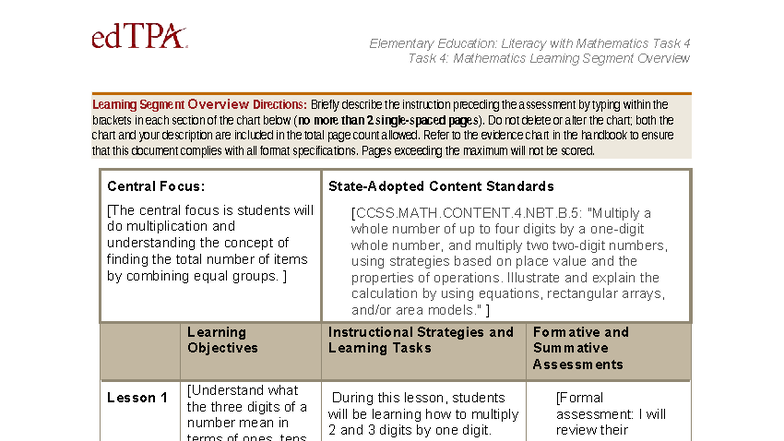 Elementary Education: Literacy with Mathematics Task 4 - Learning ...