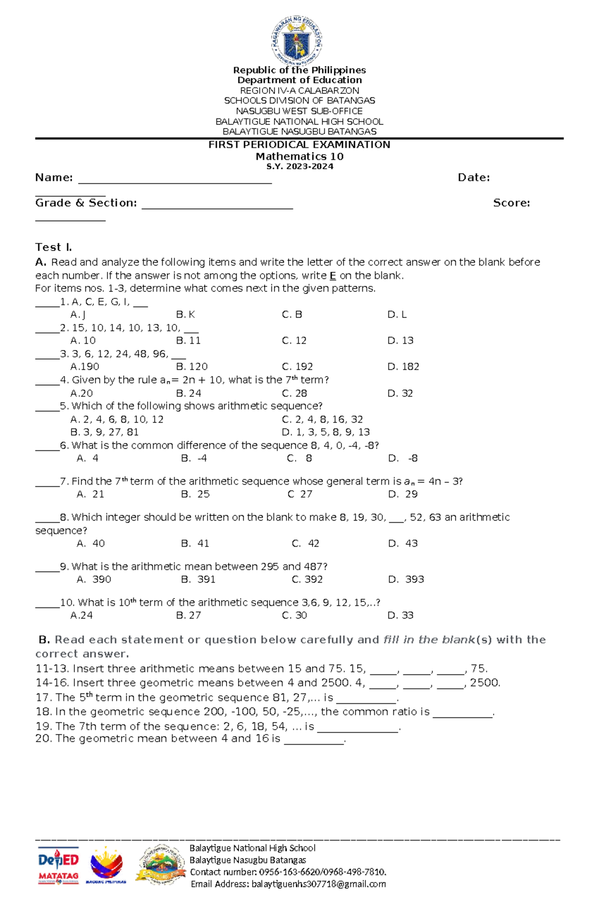 1st Quarter Periodical Examination in Mathematics 10 (S.Y. 2023) - Studocu