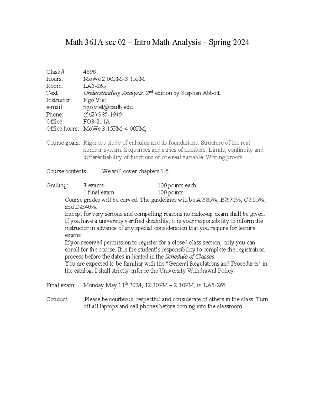 Math 361A Sec 02 Syllabus: Intro to Math Analysis Spring 2024 - Studocu