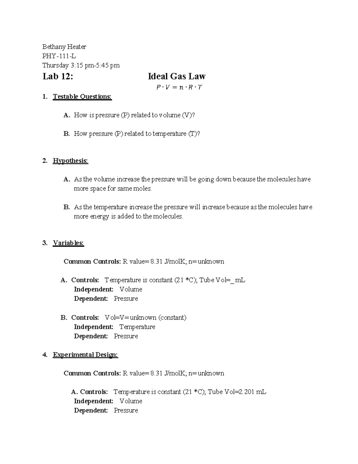 PHY-111L Lab 12: Exploring the Ideal Gas Law Relationships - Studocu