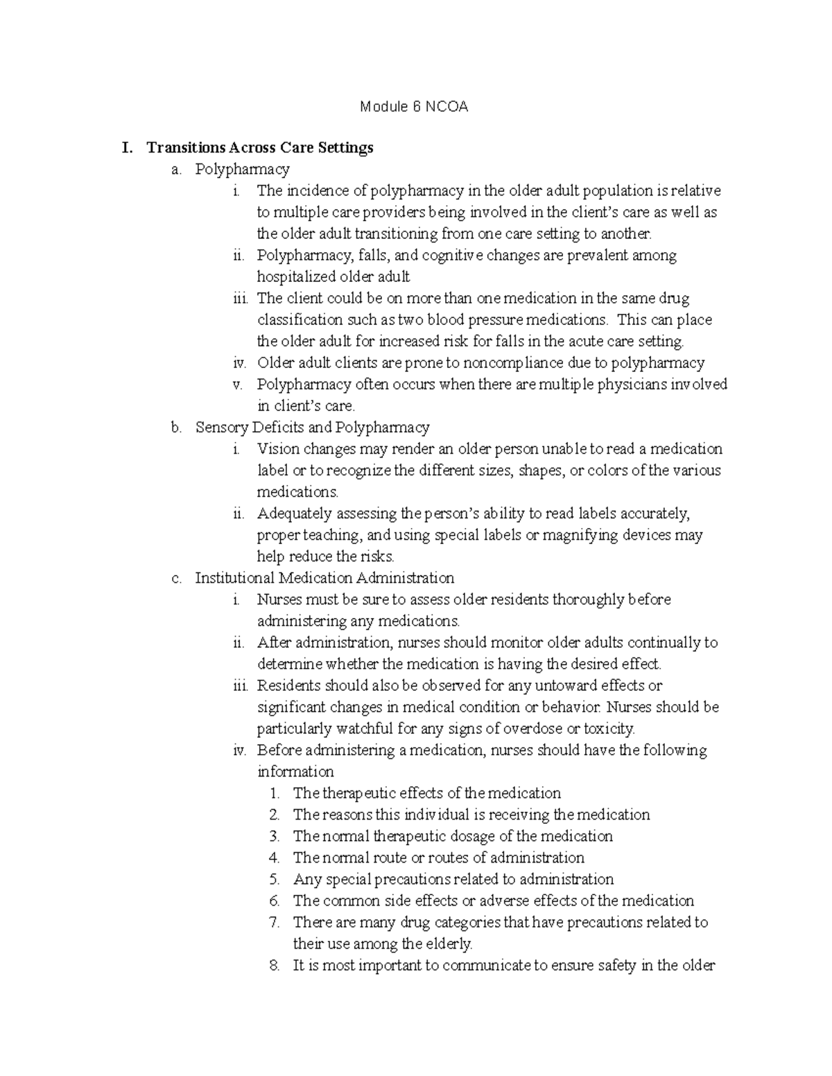 NCOA Module 6 Quiz Preparation - Module 6 NCOA I. Transitions Across ...