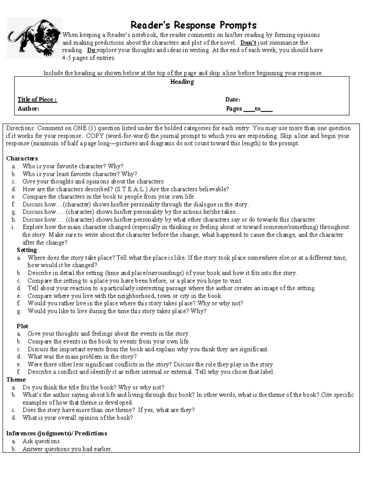 Reader's Response Journal Prompts: Engaging Analysis & Reflections ...