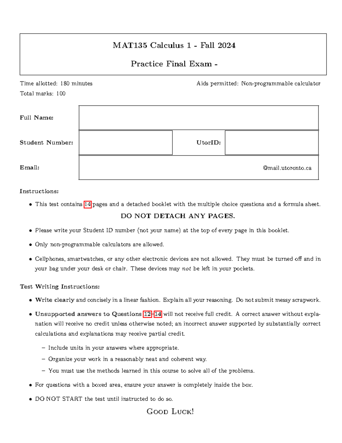 MAT135 Practice Final Exam 2024 Solutions and Guidelines - Studocu