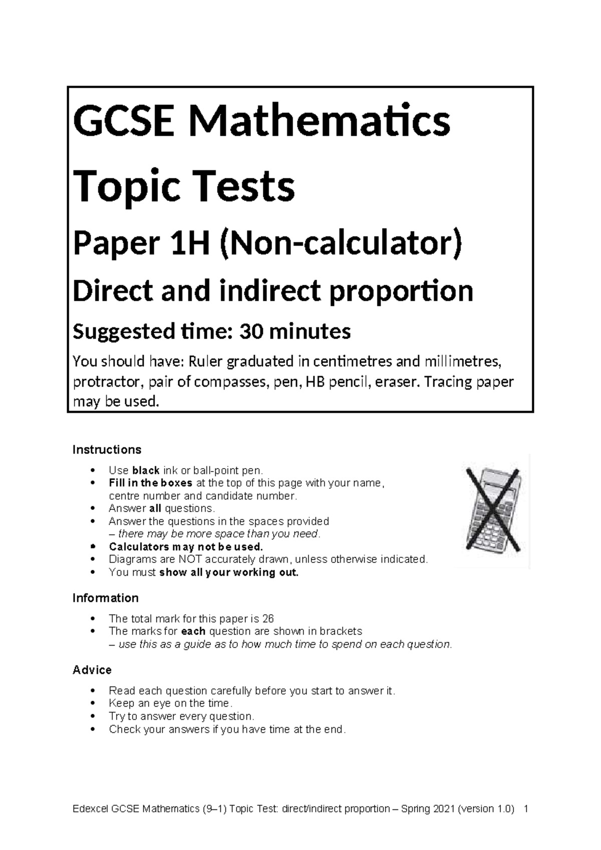 GCSE Topic Tests 1H - proportion - GCSE Mathematics Topic Tests Paper ...