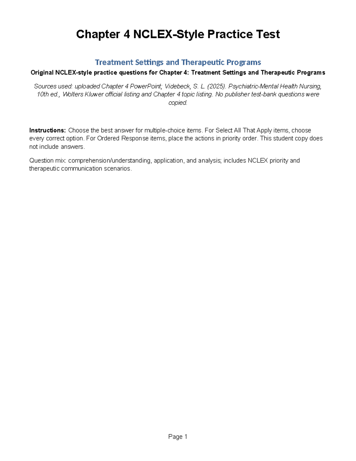 Chapter 4 NCLEX Priority & Therapeutic Communication Practice Test ...