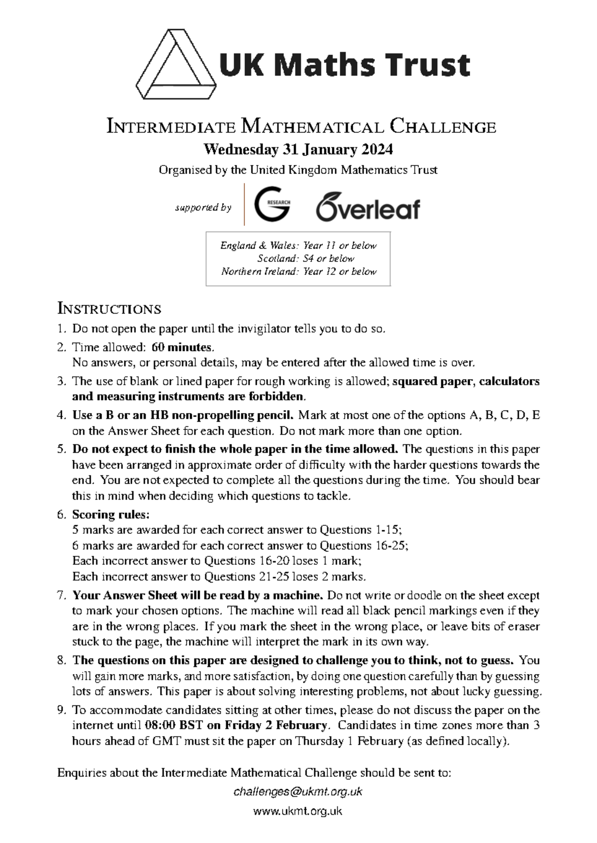 IMC 2024 - Intermediate Mathematical Challenge Paper - Studocu