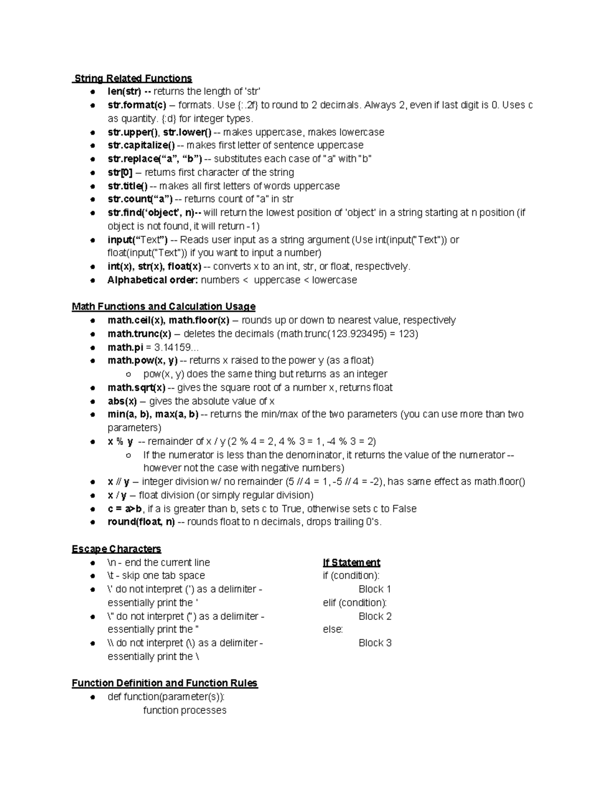 Crib Sheet for Exam 1: Understanding String and Math Functions - Studocu