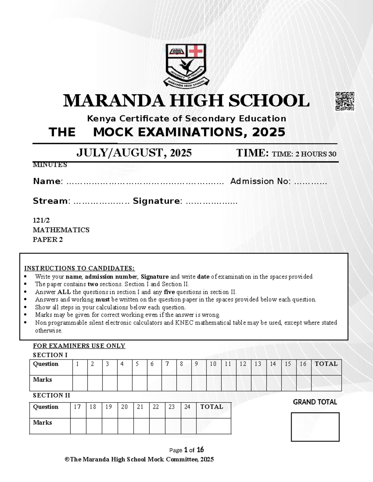 MATH PP2 Mock Exam 2025 - Maranda High School Revision Guide - Studocu
