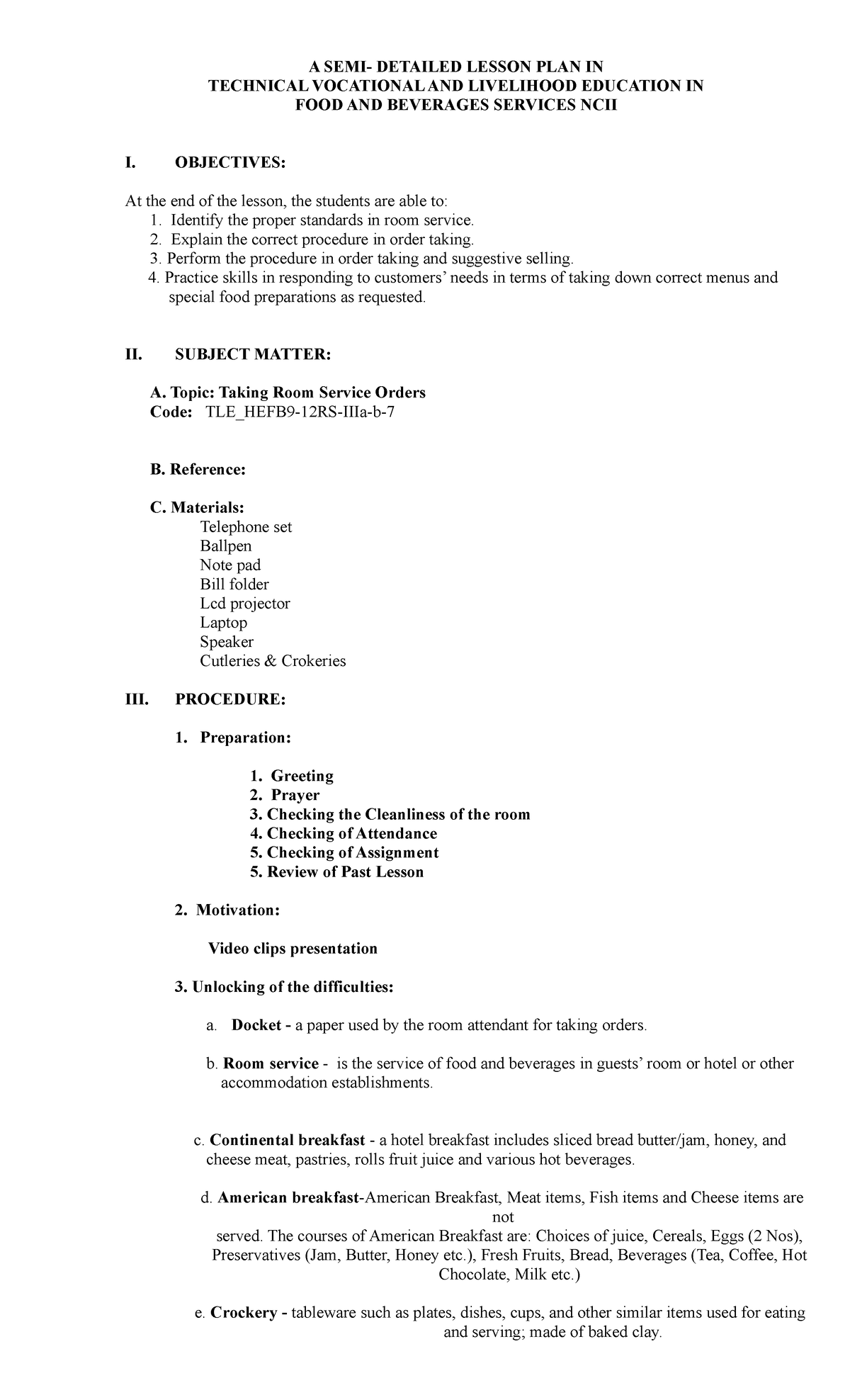 Lesson Plan on Room Service Orders in Food and Beverages NCII - Studocu