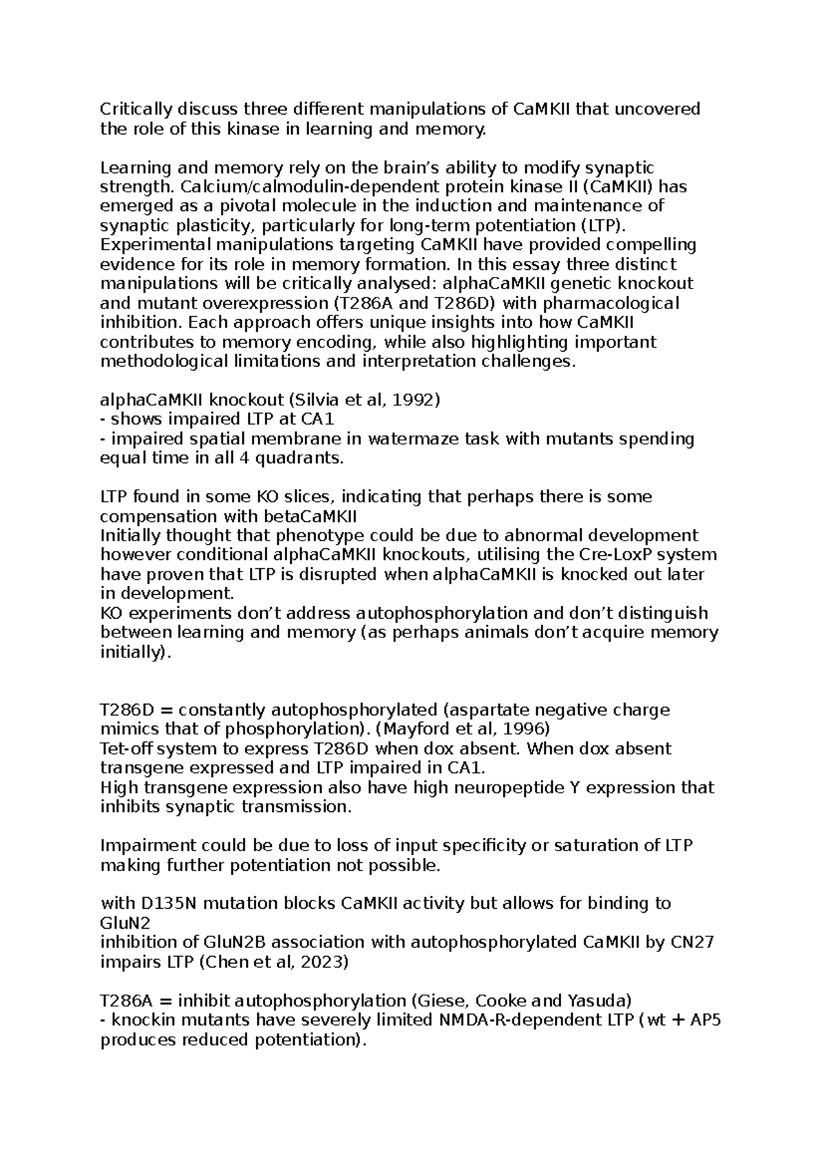 CaMKII Essay Research: Insights into Learning & Memory Mechanisms - Studocu
