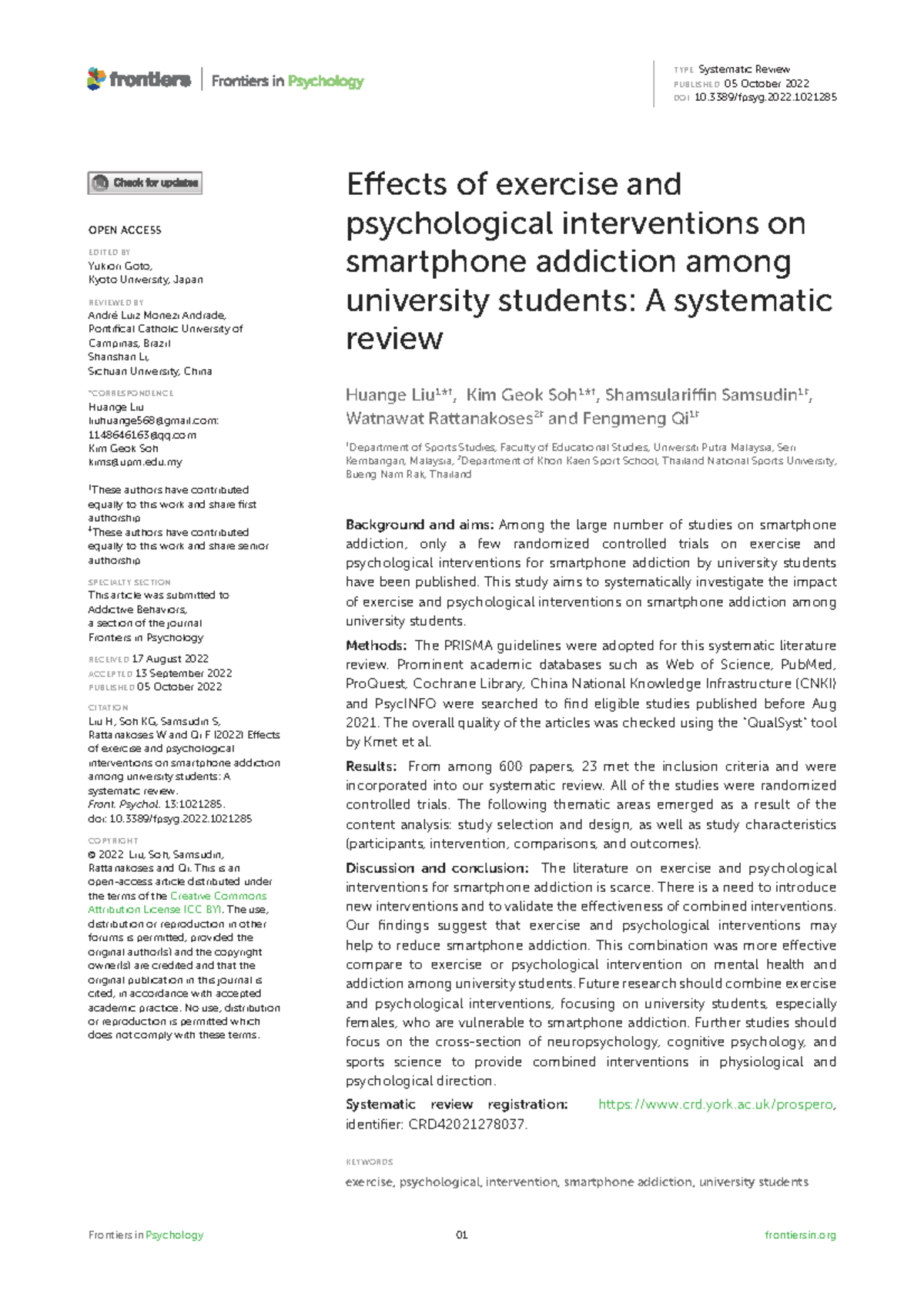 Effects of Exercise and Psychological Interventions on Smartphone ...