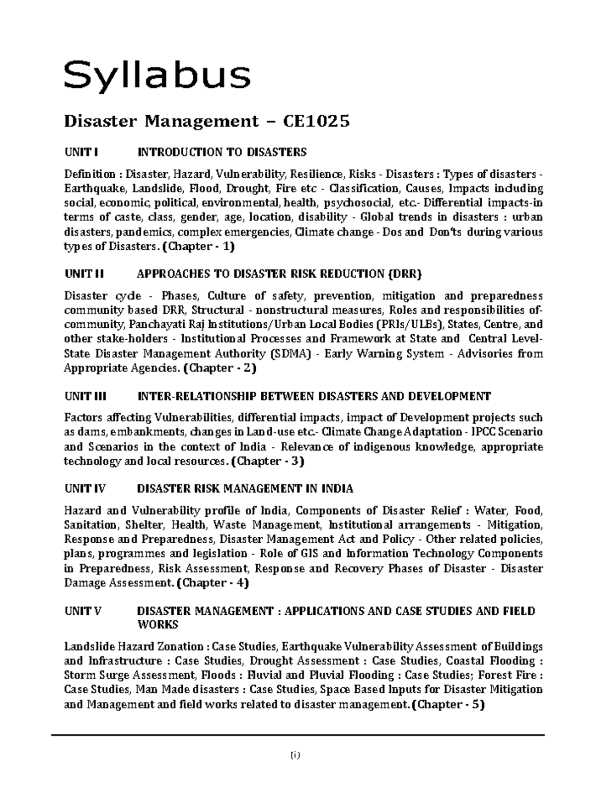CE1025 - Comprehensive Notes on Disaster Management (5 Units) - Studocu