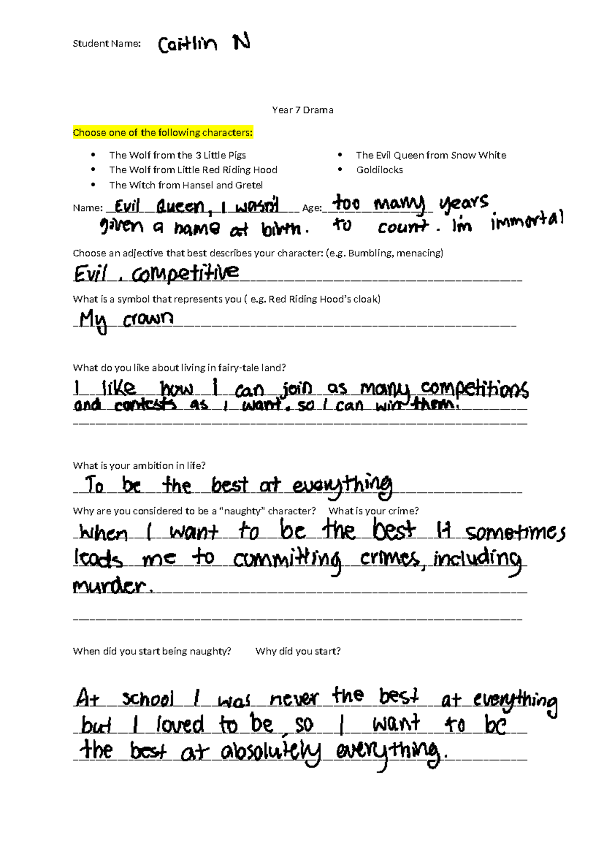 Year 7 Drama: Fairytale Character Profile Assignment - Studocu