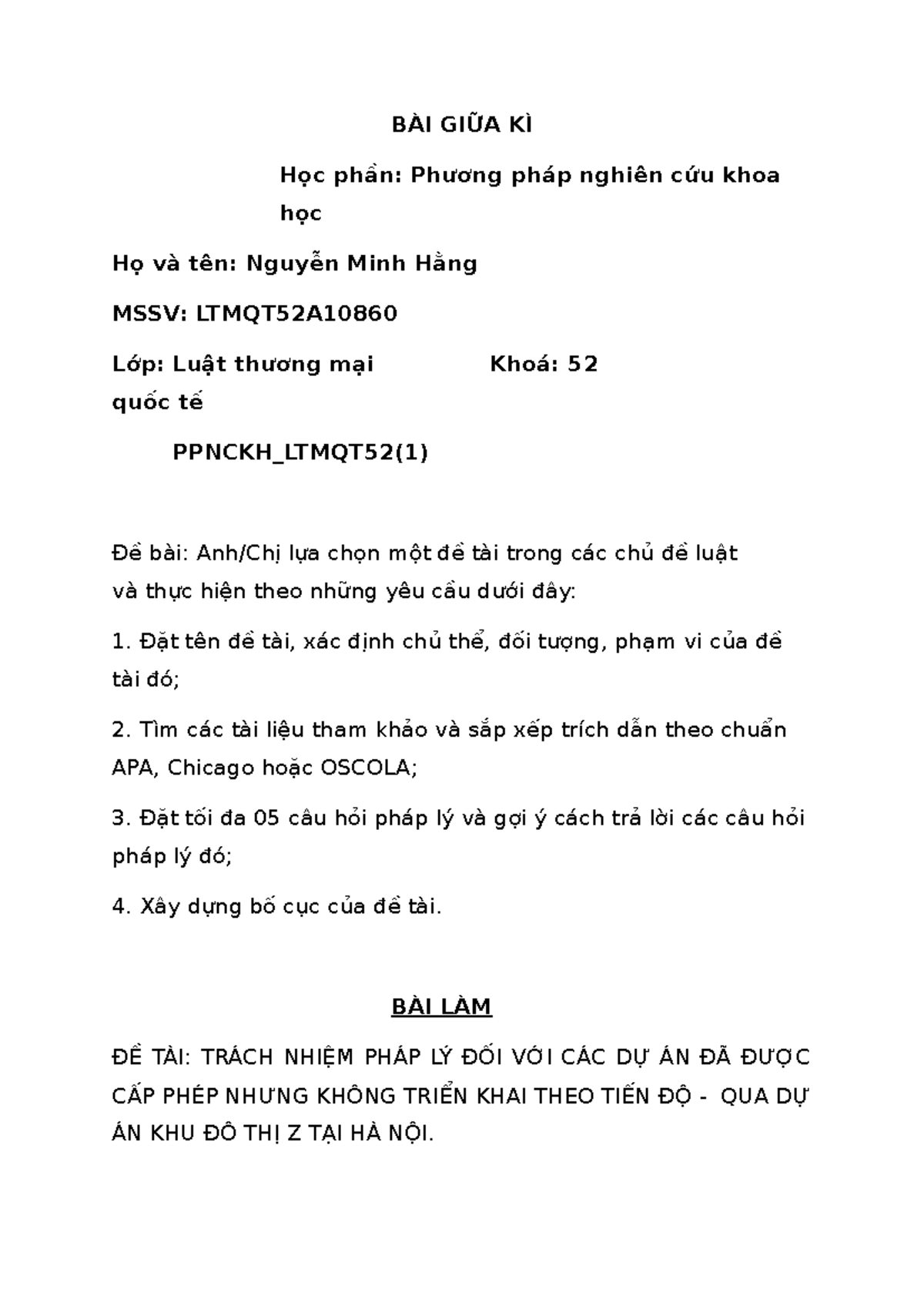 BÀI GIỮA KÌ: TRÁCH NHIỆM PHÁP LÝ DỰ ÁN KHU ĐÔ THỊ Z TẠI HÀ NỘI (PPNCKH ...