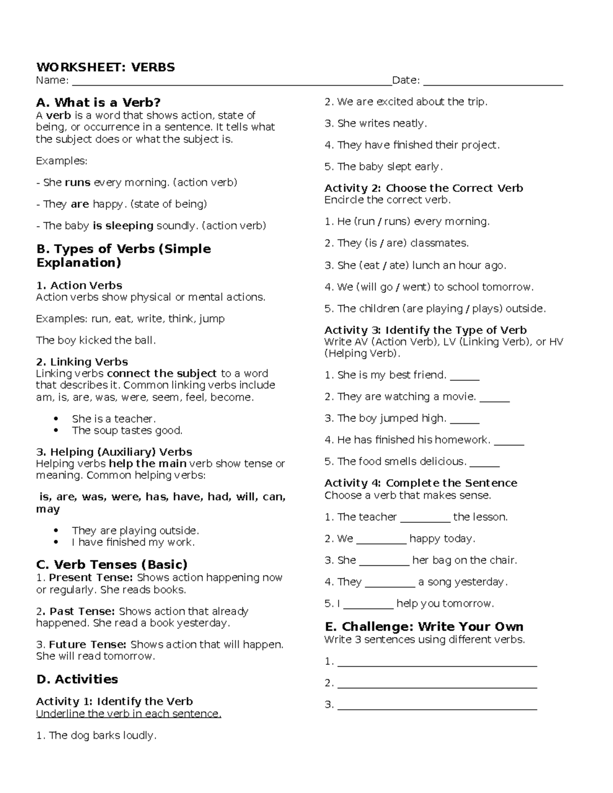 Verbs Worksheet: Understanding Action, Linking, and Helping Verbs - Studocu