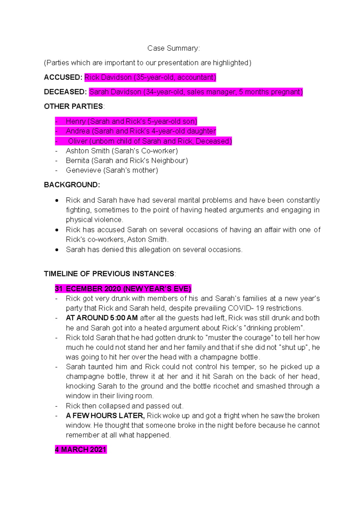 Summary of Facts for MOCK Trial Presentation: Rick Davidson Case - Studocu