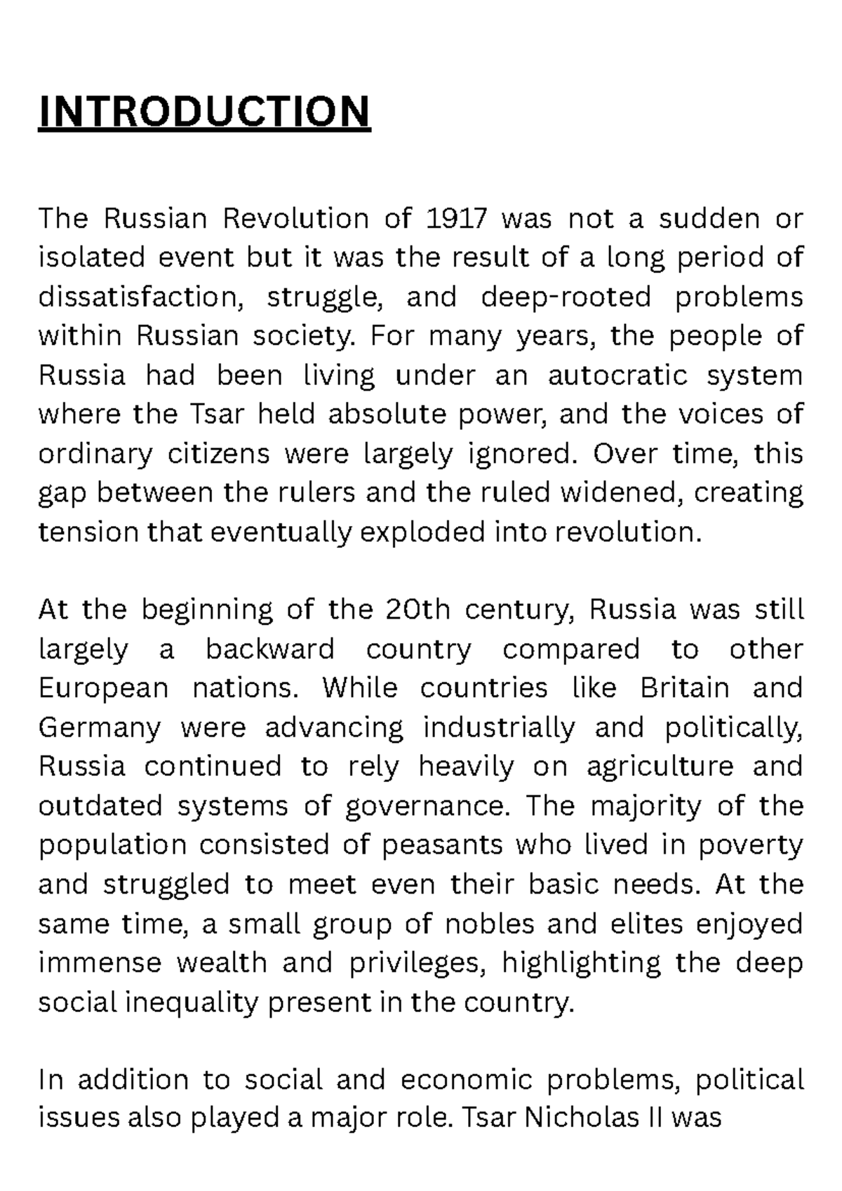 HIST 201: The Russian Revolution of 1917 - Causes and Key Players - Studocu