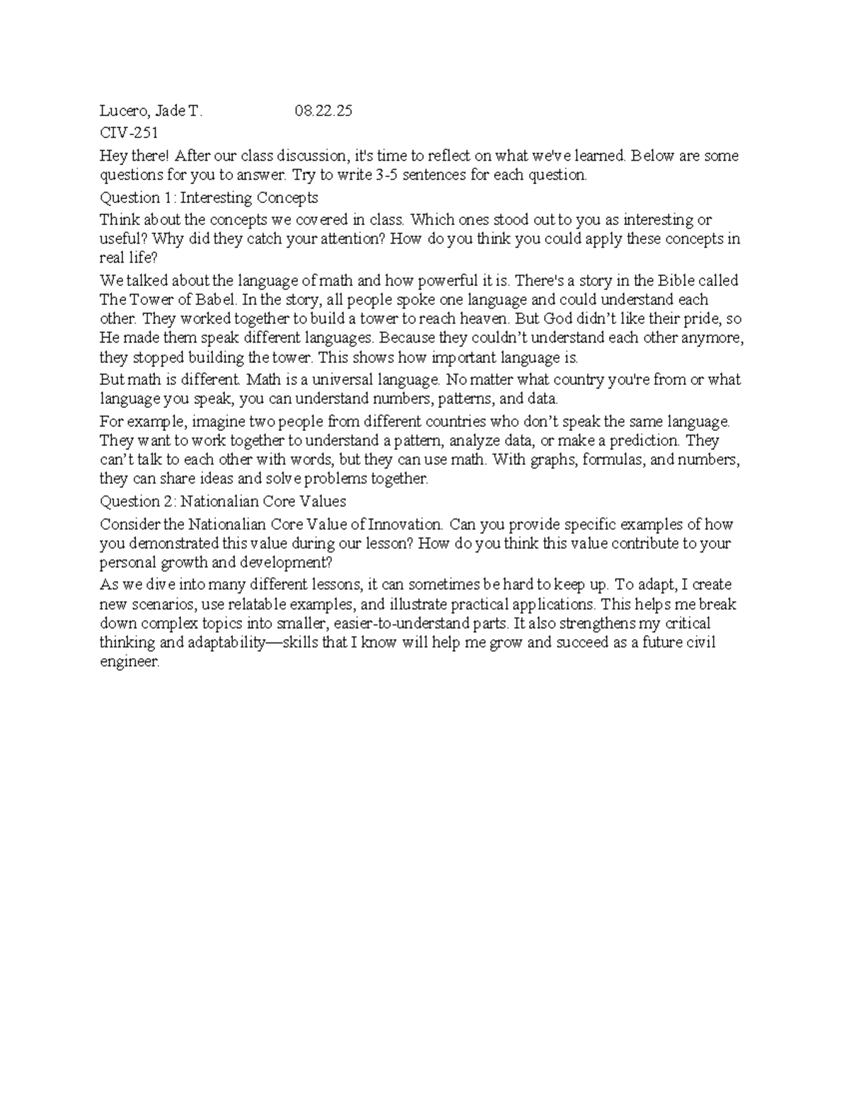 MMW. Journal 2: Reflections on Class Concepts and Core Values - Studocu